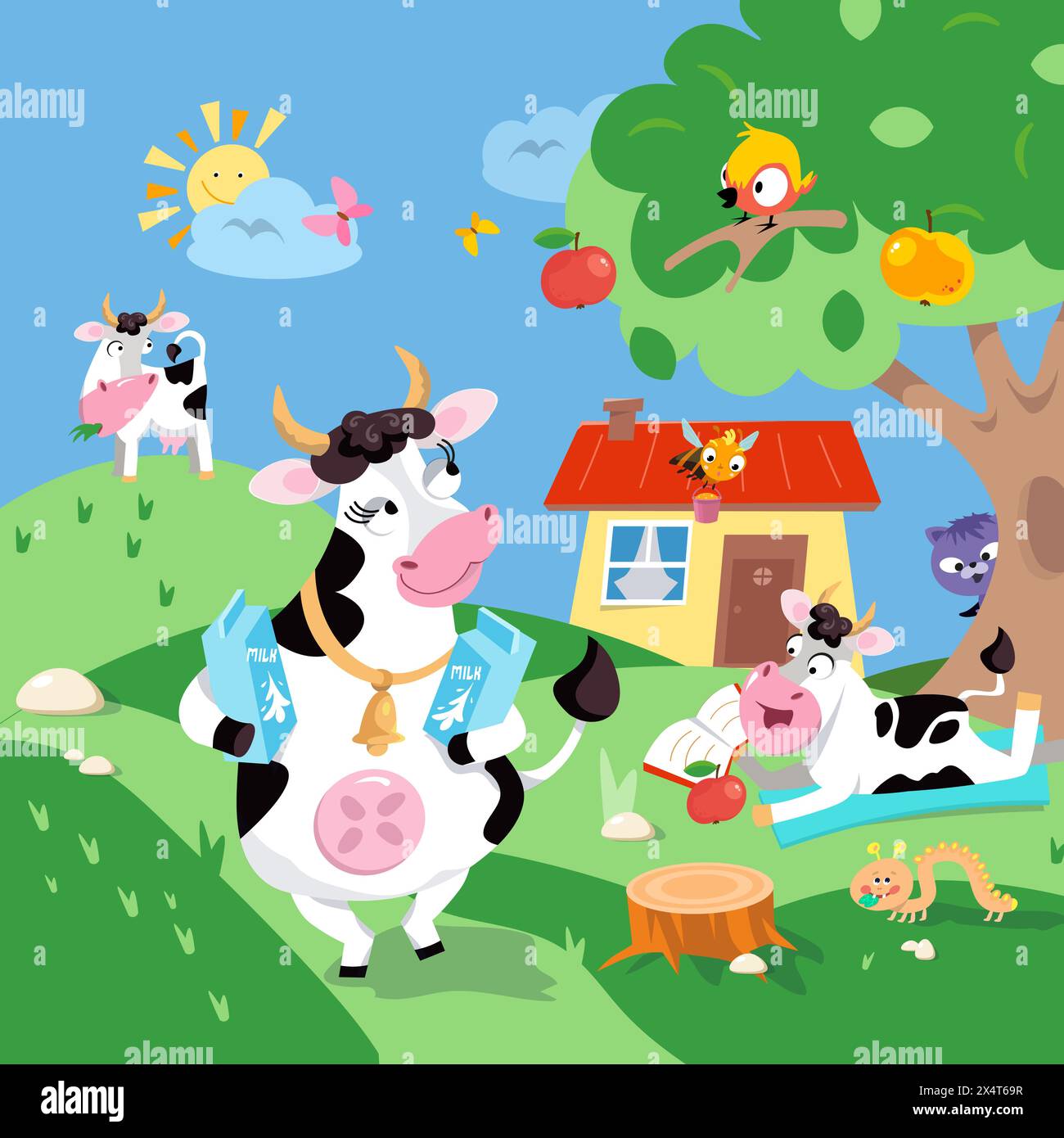 Animals on farm. Cartoon characters. Cute funny cows walk with bags of ...
