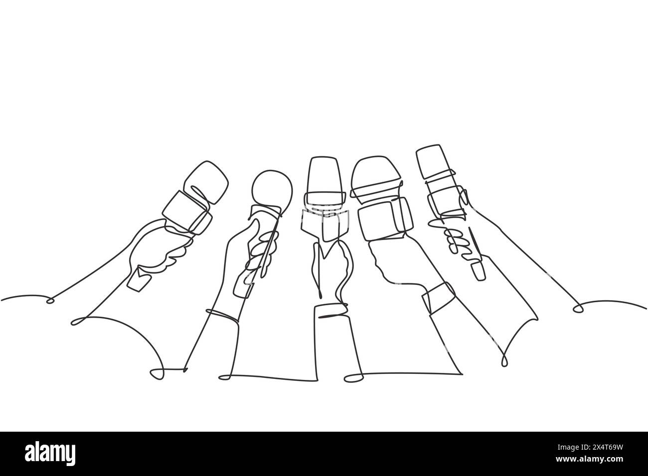 Single one line drawing interview concept with microphones on white ...