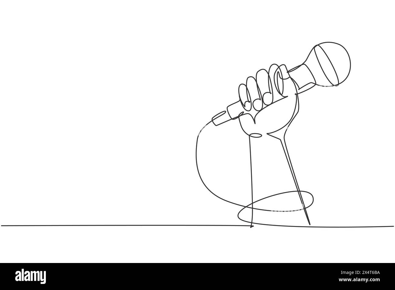 Single continuous line drawing microphone in hand, hand holding ...