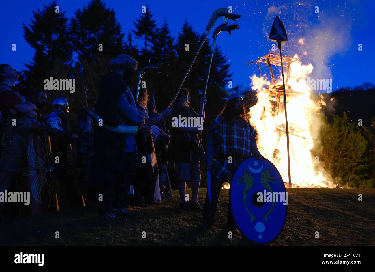 A wicker man is burnt during the Beltain Celtic Fire Festival at Butser ...