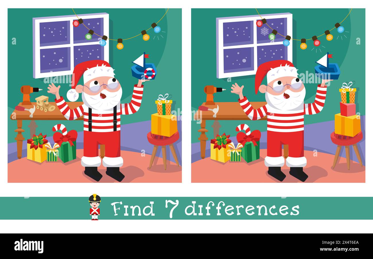 Cute Santa Claus in Christmas workshop. Find 7 differences. Educational ...