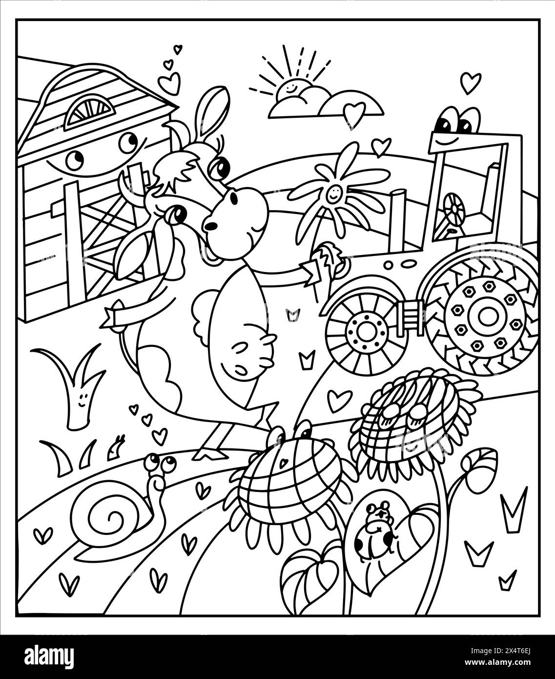 Cute cows in farm. Scene for coloring. Black and white image, outline ...