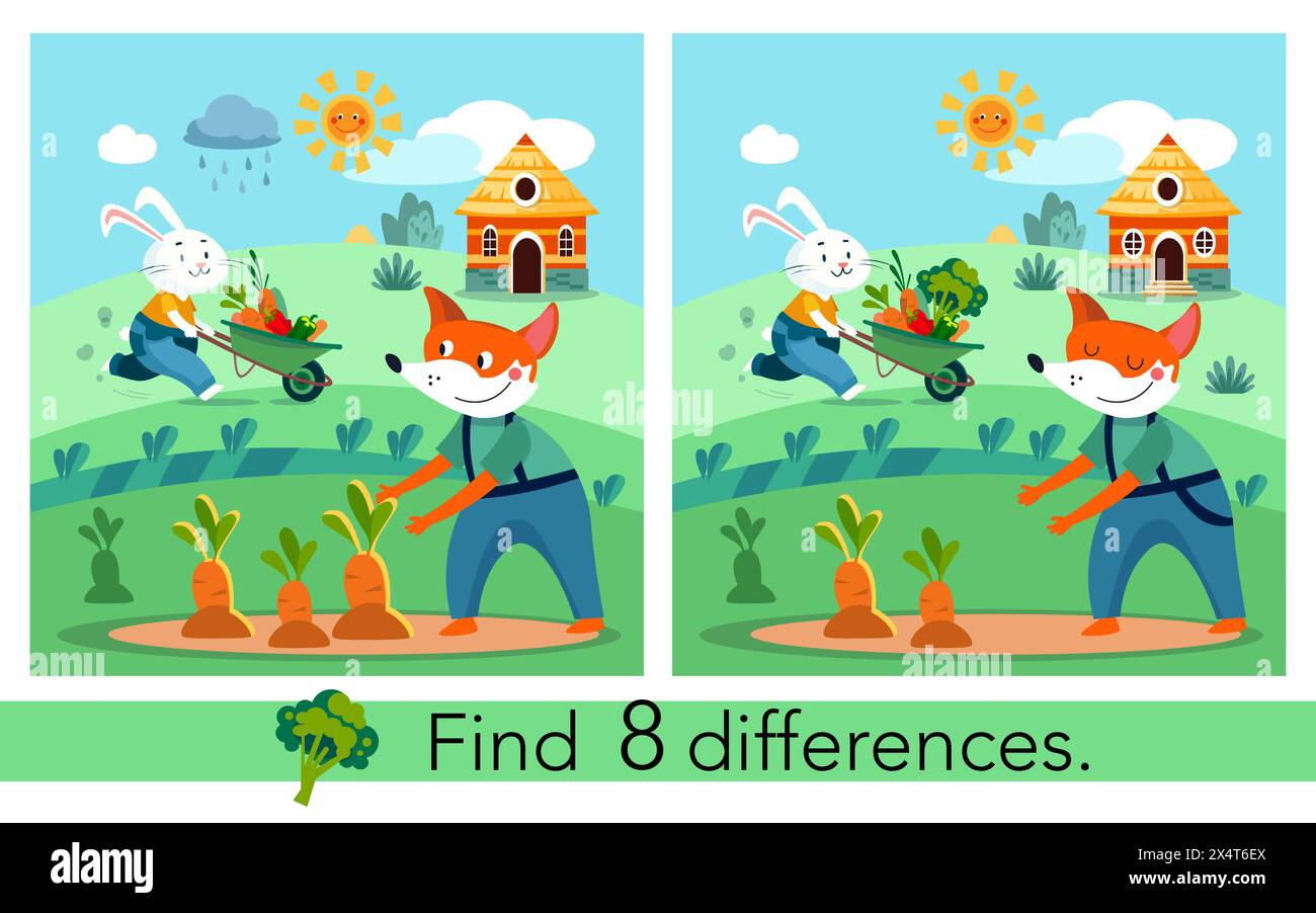 Find 8 differences. Educational puzzle game for children. Cute flat cartoon fox and rabbit with ...