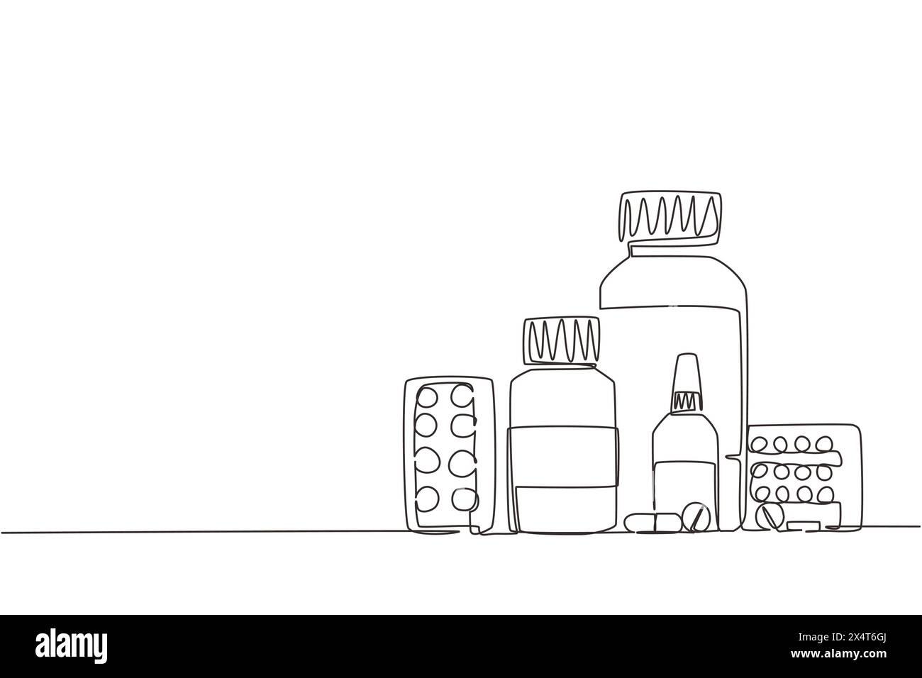 Single one line drawing medical concept. Cold, flu, cough preparations ...
