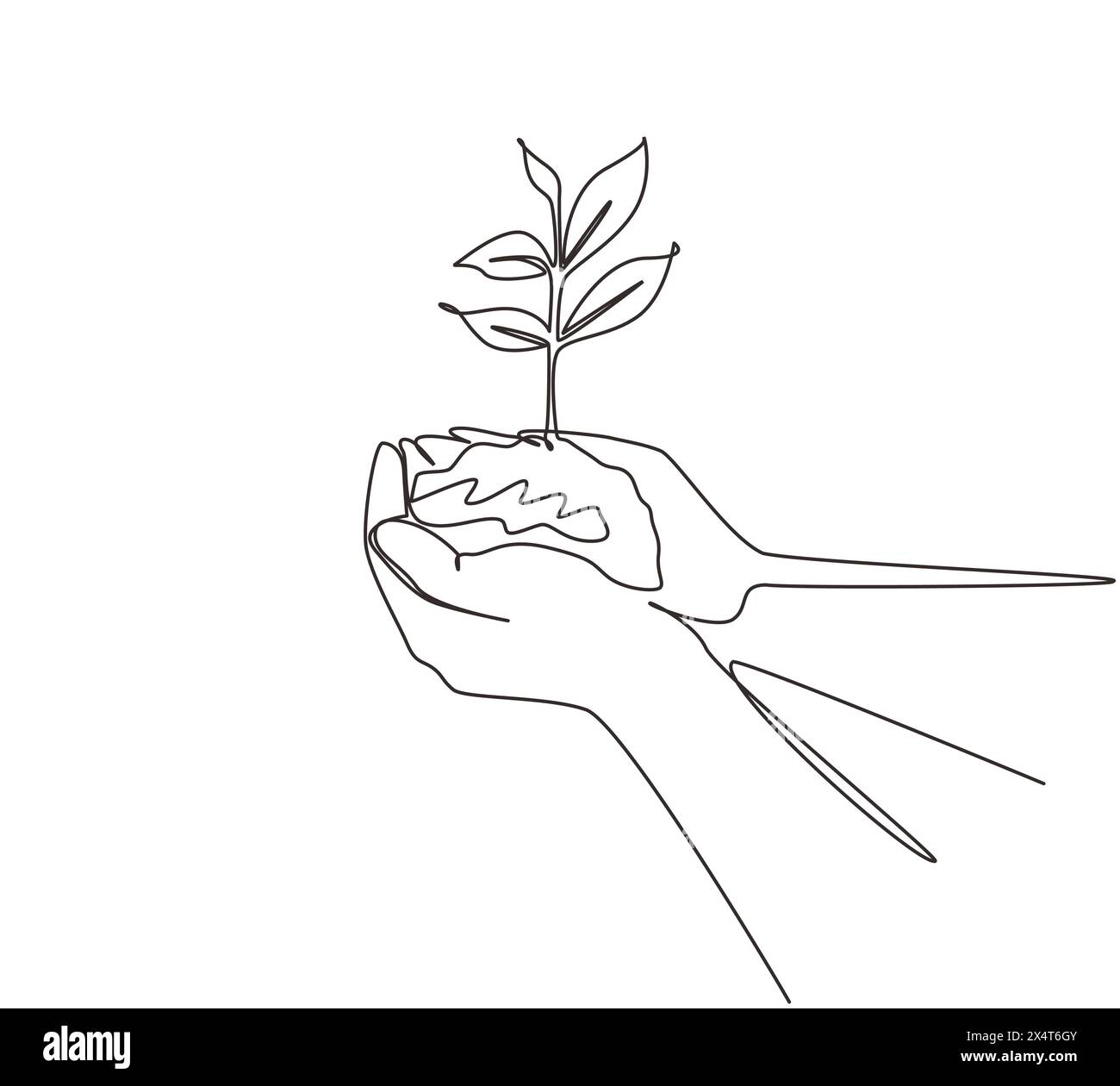 Single continuous line drawing hands of the farmer are planting the ...