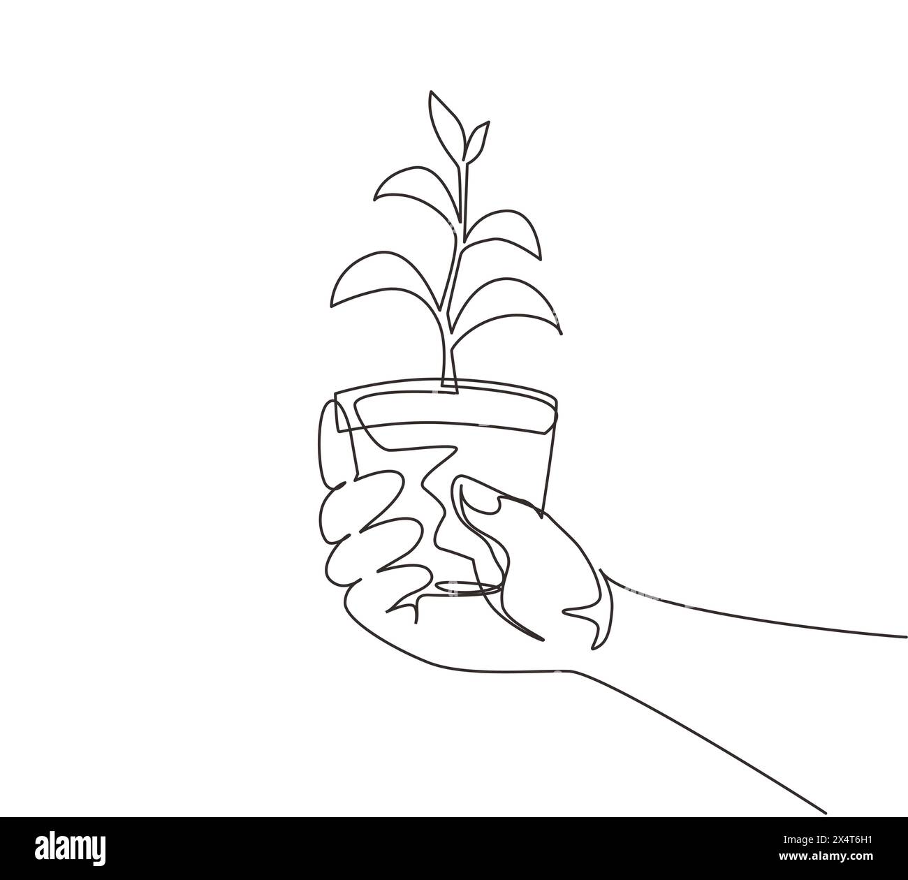 Continuous one line drawing agronomist holding seedlings in peat pots ...