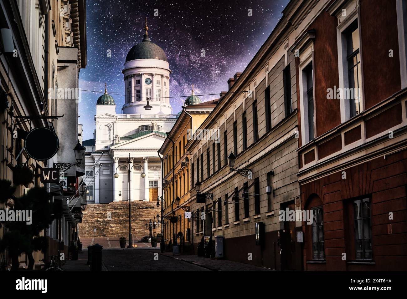 Dramatic moonlight view from Sofiankatu Street to Helsinki Cathedral ...