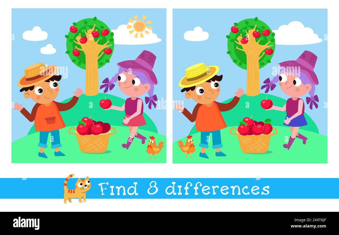 Cute children farmers in fruit orchard. Find 8 differences. Educational ...