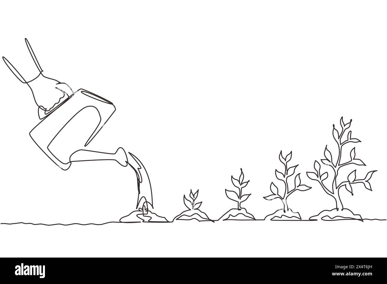 Single continuous line drawing hand with can watering plant at garden ...