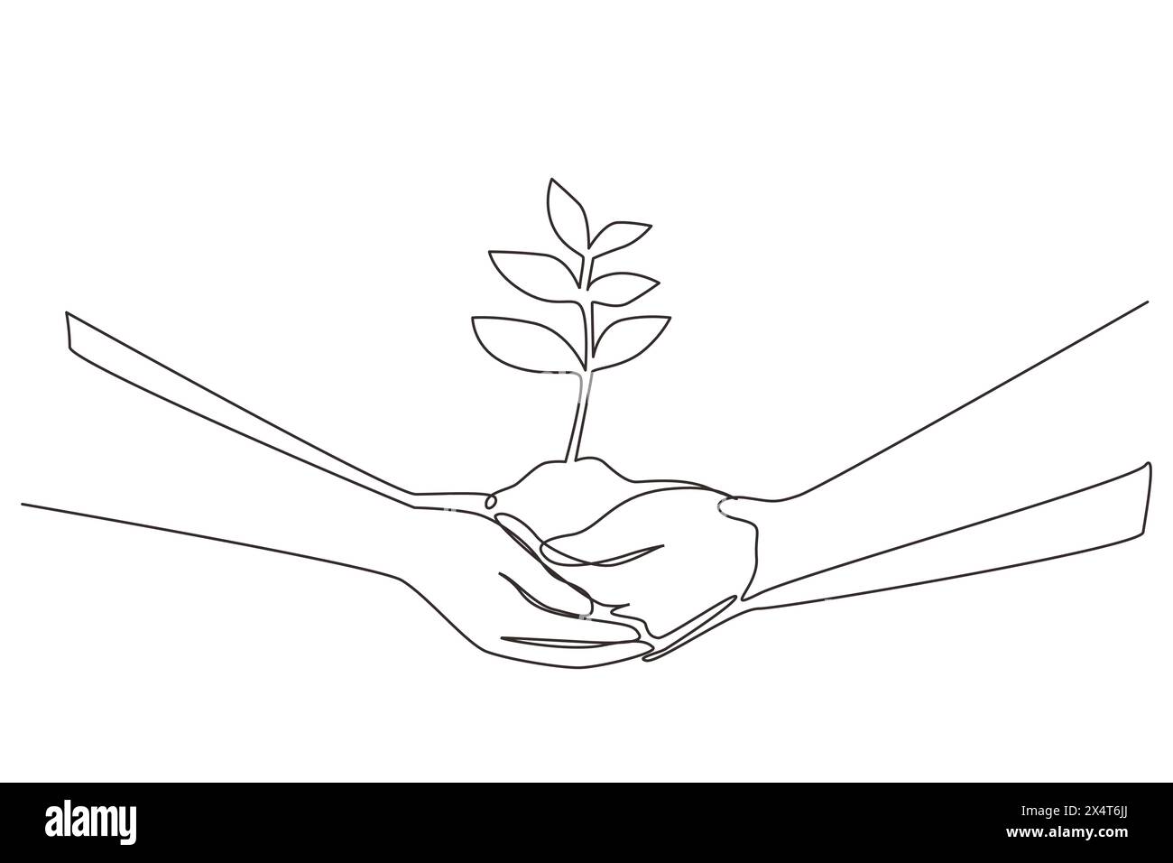 Continuous one line drawing two hands holding together a green young ...