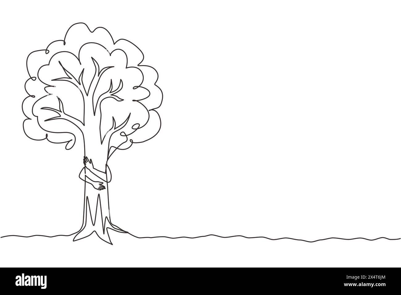 Single one line drawing man hugging tree in park. Symbol of loving ...