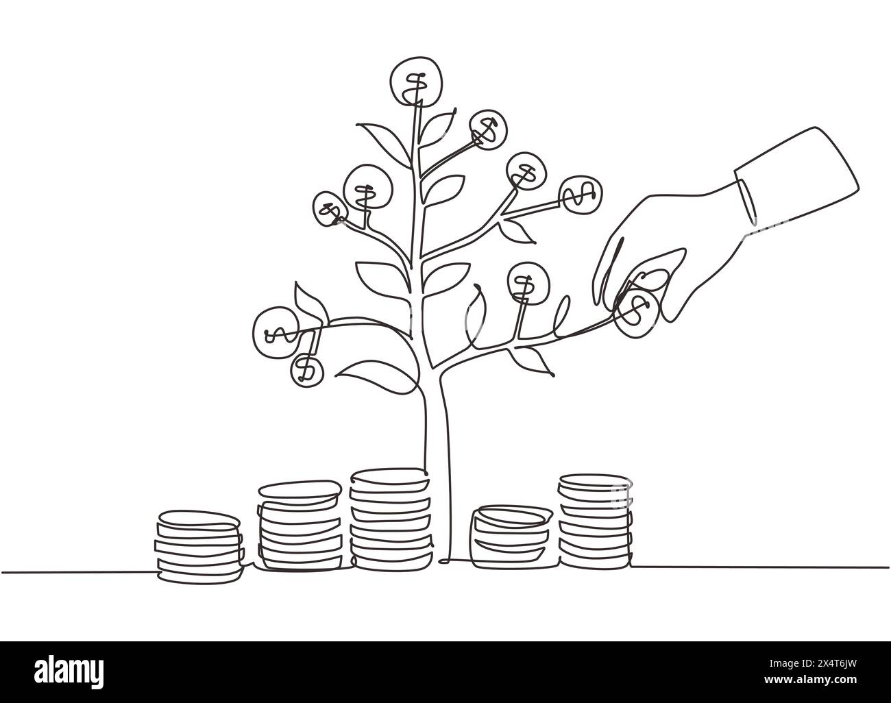 Single continuous line drawing businessman hand pick up coin from ...