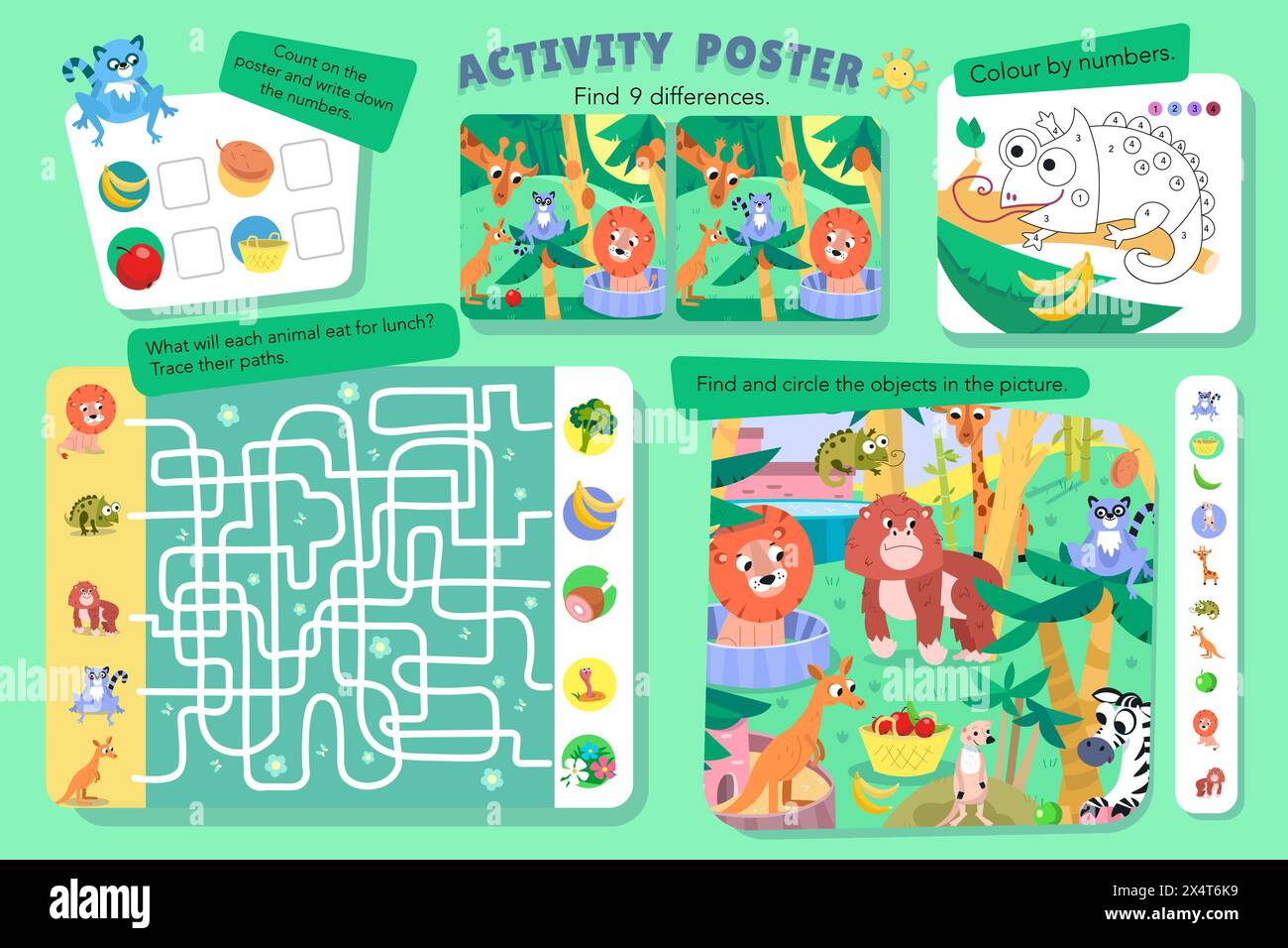 Find hidden objects in picture. Educational puzzle game, maze, count ...