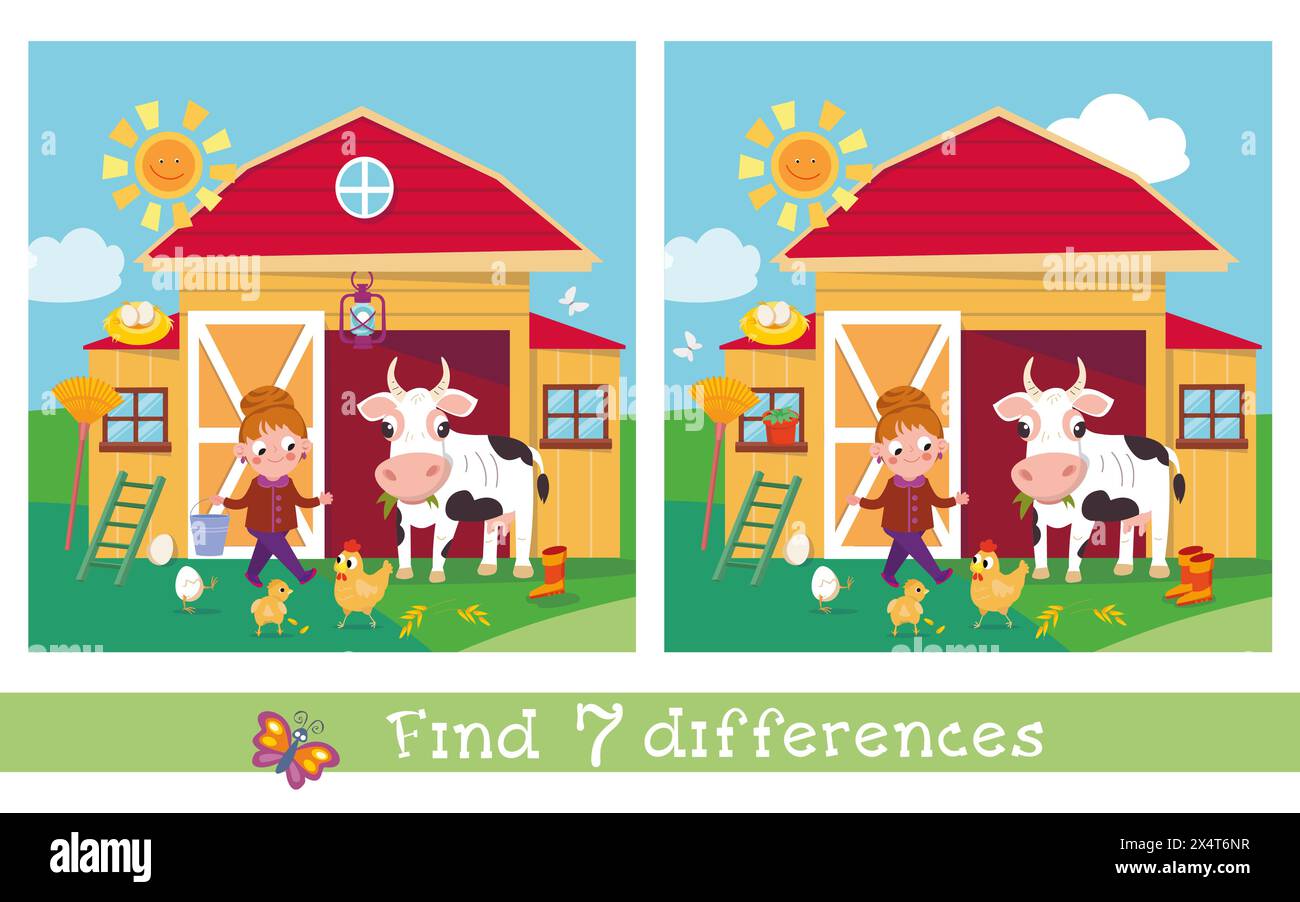 Cute children farmers and animals. Find 7 differences. Educational ...