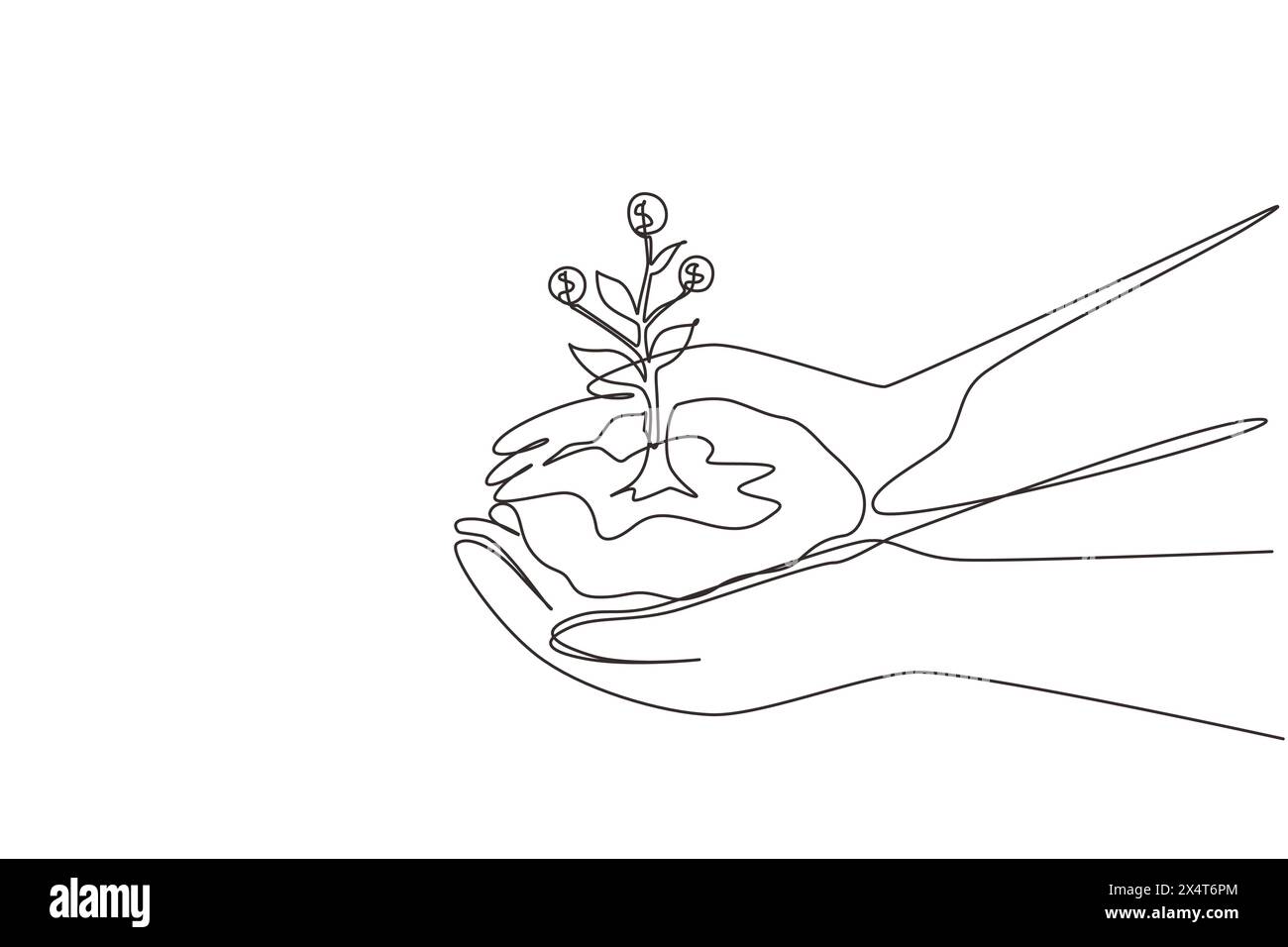 Single one line drawing hand holding sprout a money tree in nature ...