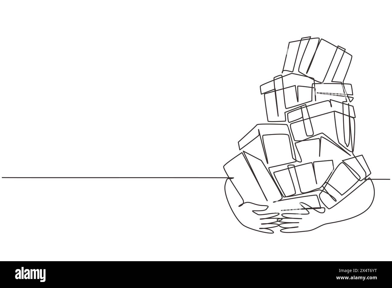 Continuous one line drawing woman holding pile of gifts over white ...