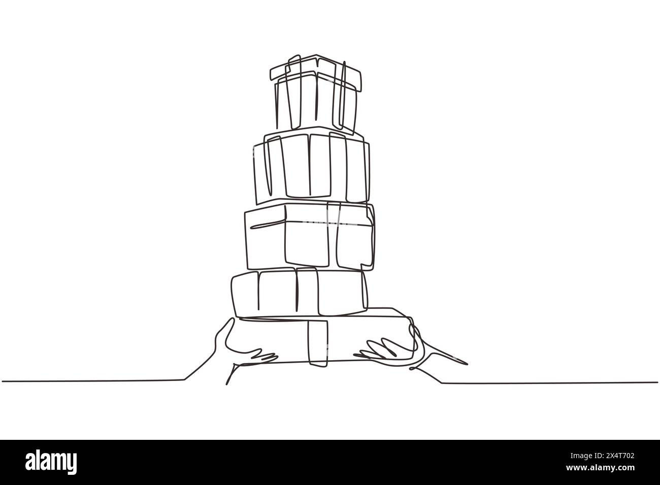 Single continuous line drawing faceless millennial lady carrying pile ...