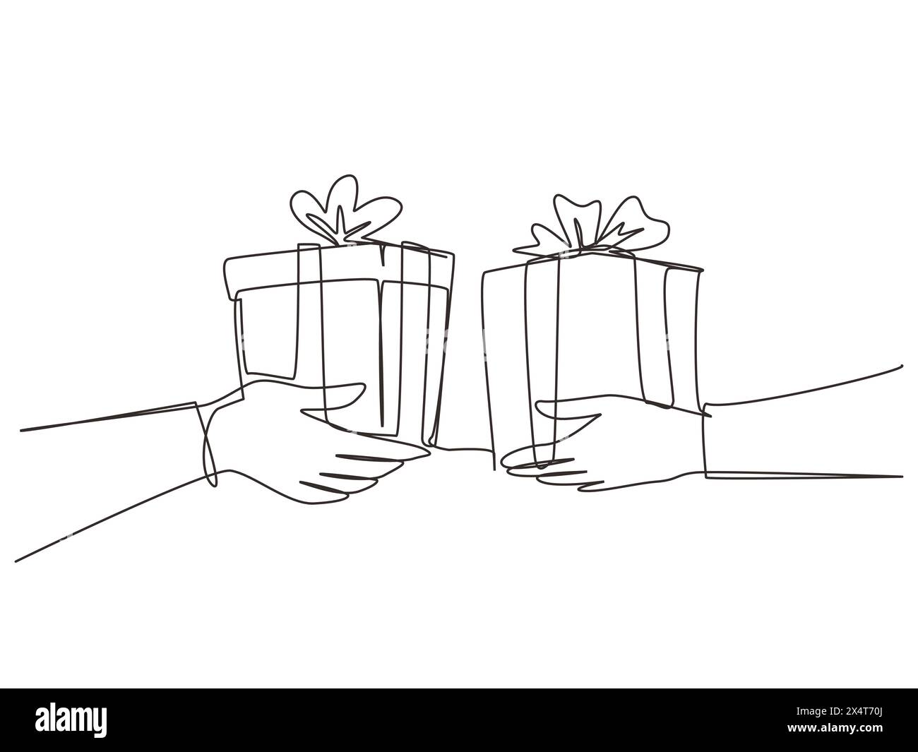 Single continuous line drawing different male hand hold present box ...