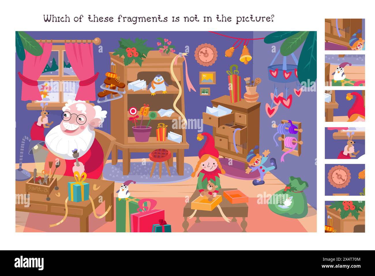 Find the hidden fragments. Educational game puzzle for kids. Cute Santa ...