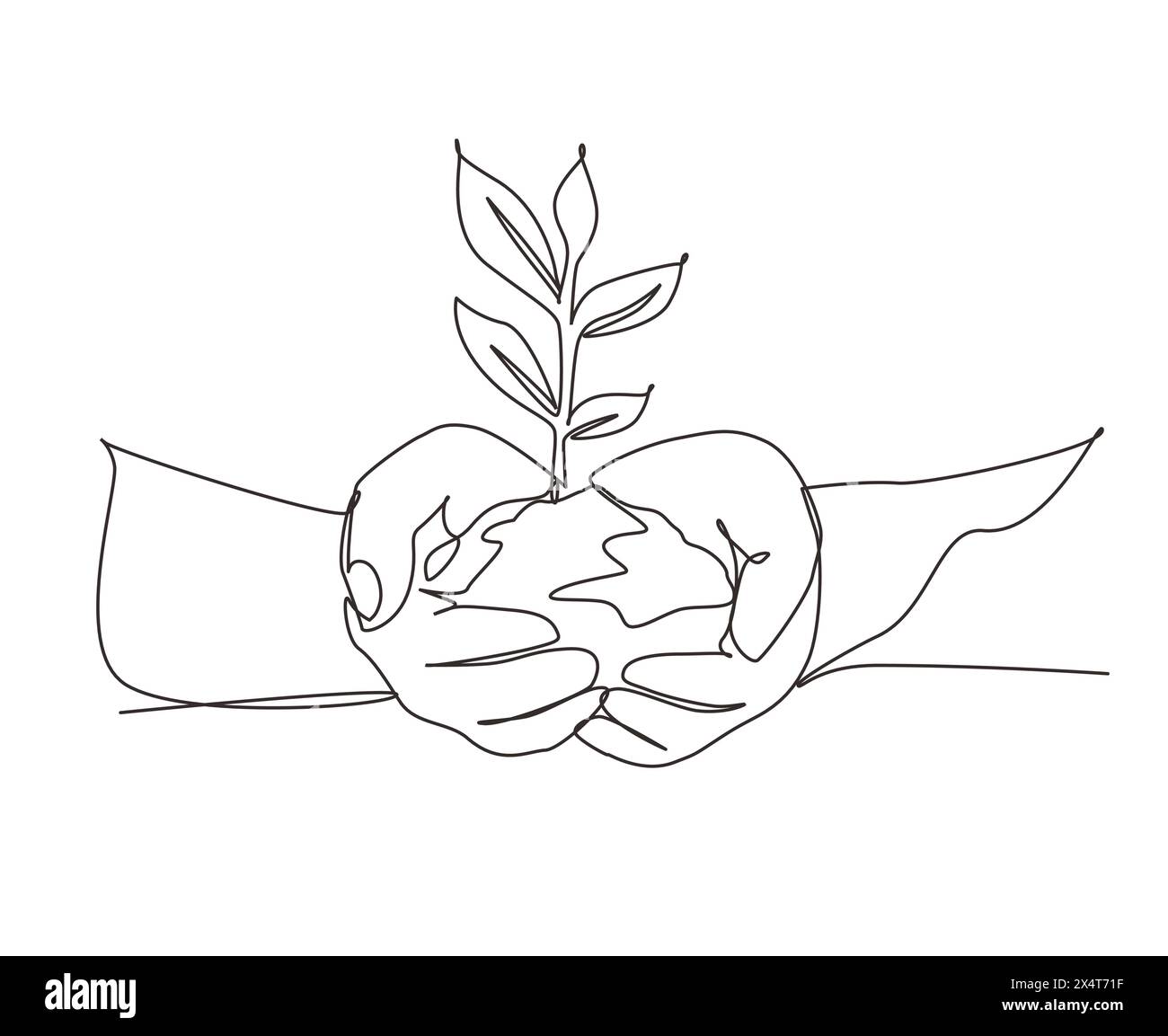 Single continuous line drawing hands holding plant in soil on white background. Environment ...