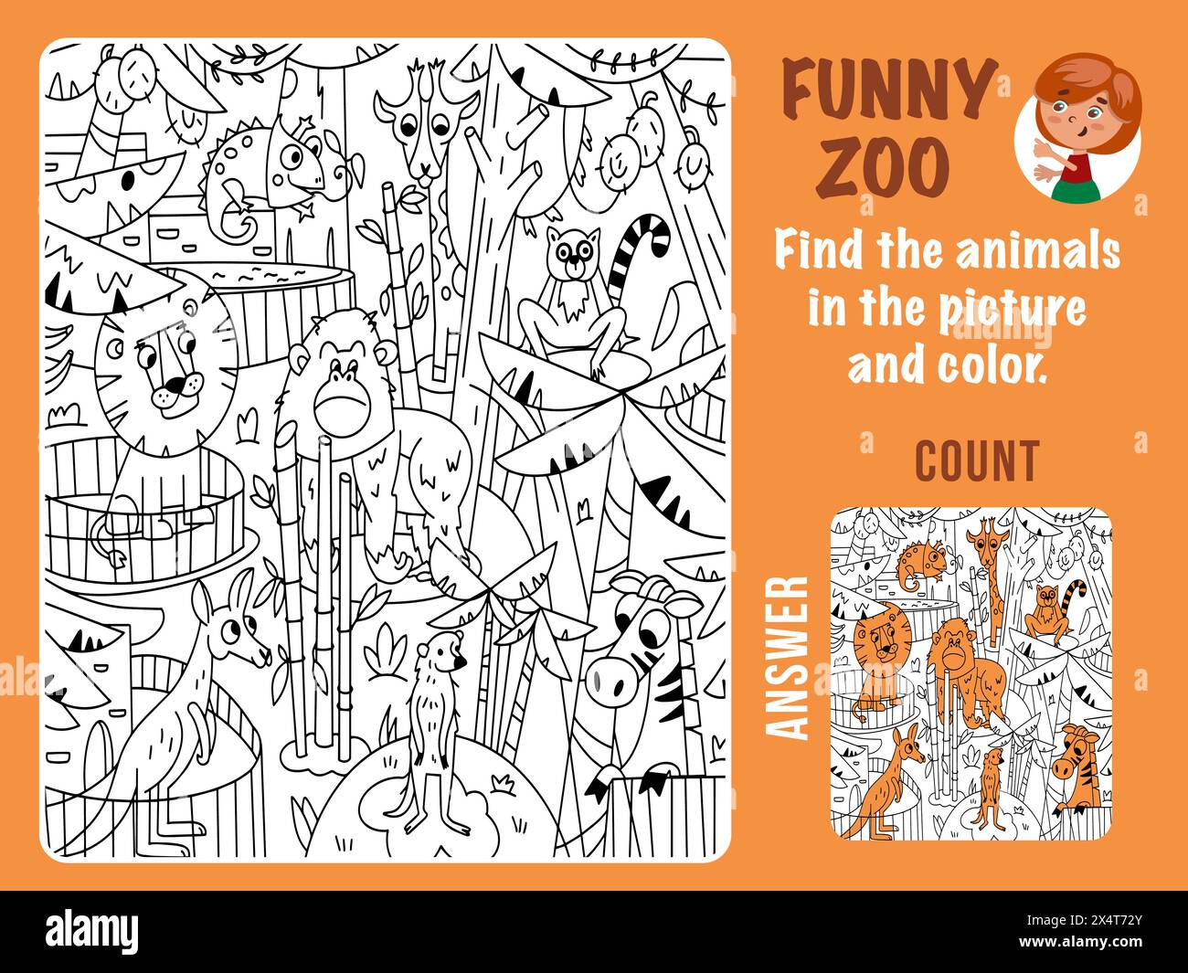 Find animals in zoo color and count. Game for kids. Children coloring ...