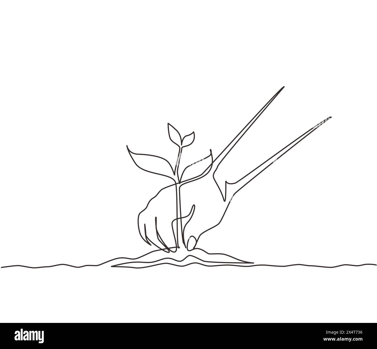 Single continuous line drawing young woman planting a tree in the ...