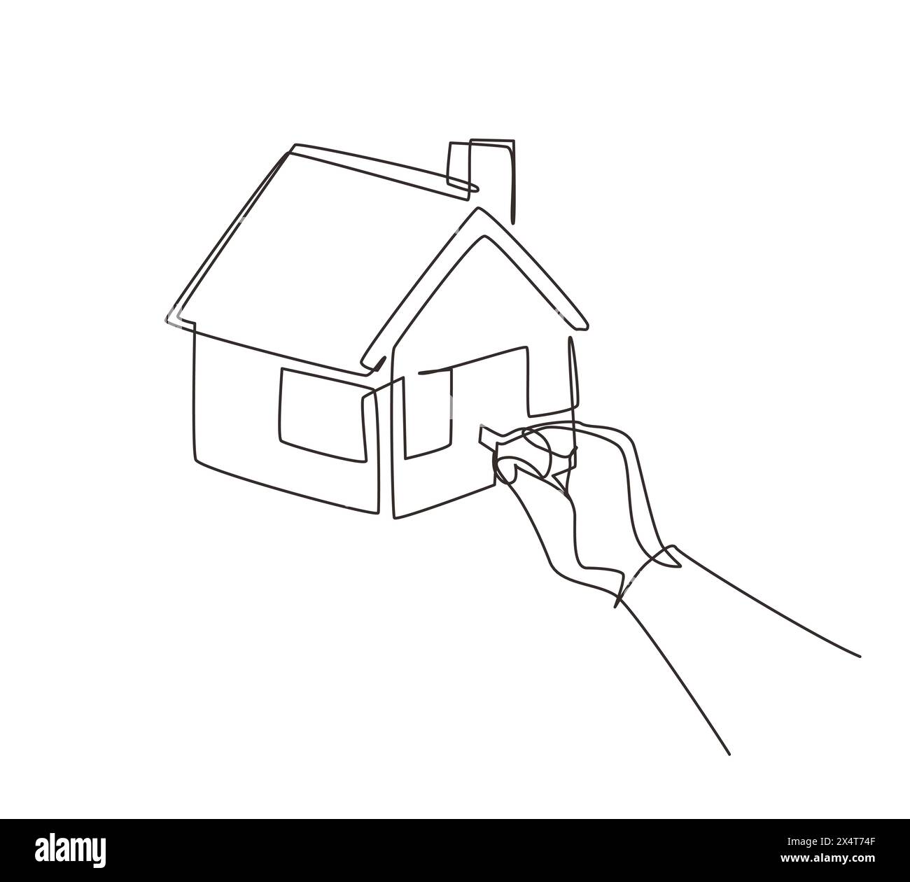 Single one line drawing insert key into keyhole house. Open the doors ...