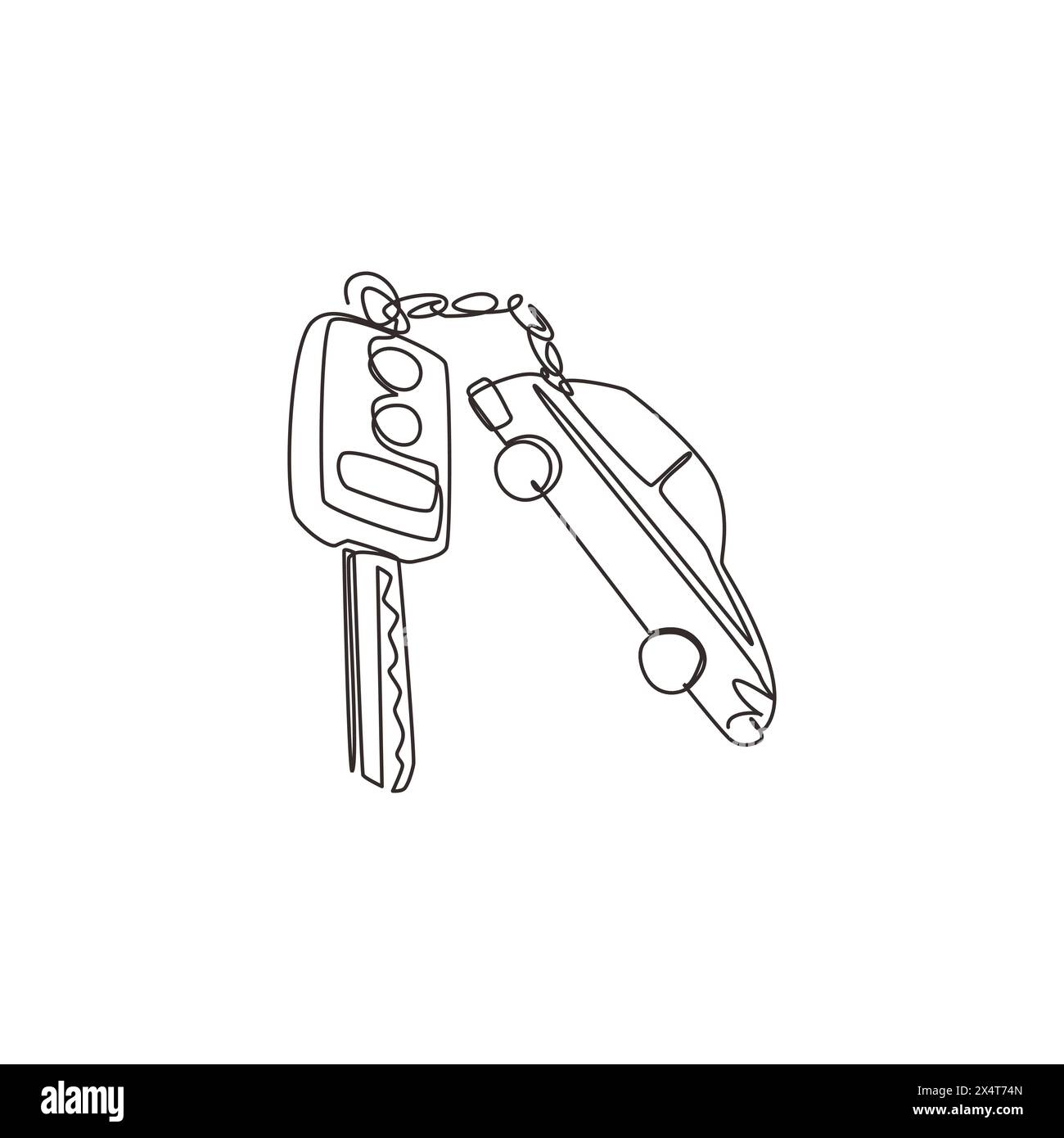 Single one line drawing key car and key ring over the metallic table ...