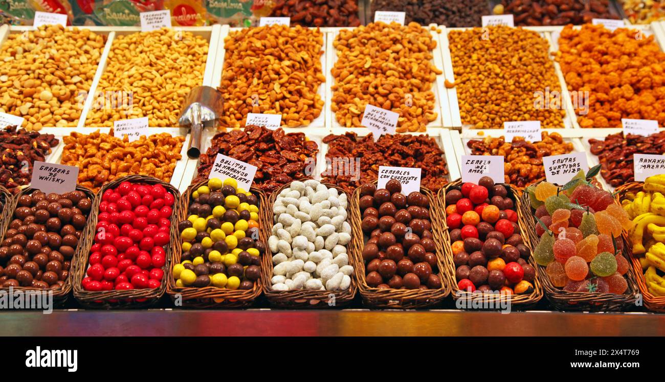 Various chocolates, sweets and snacks for sale at La Rambla - Barcelona ...