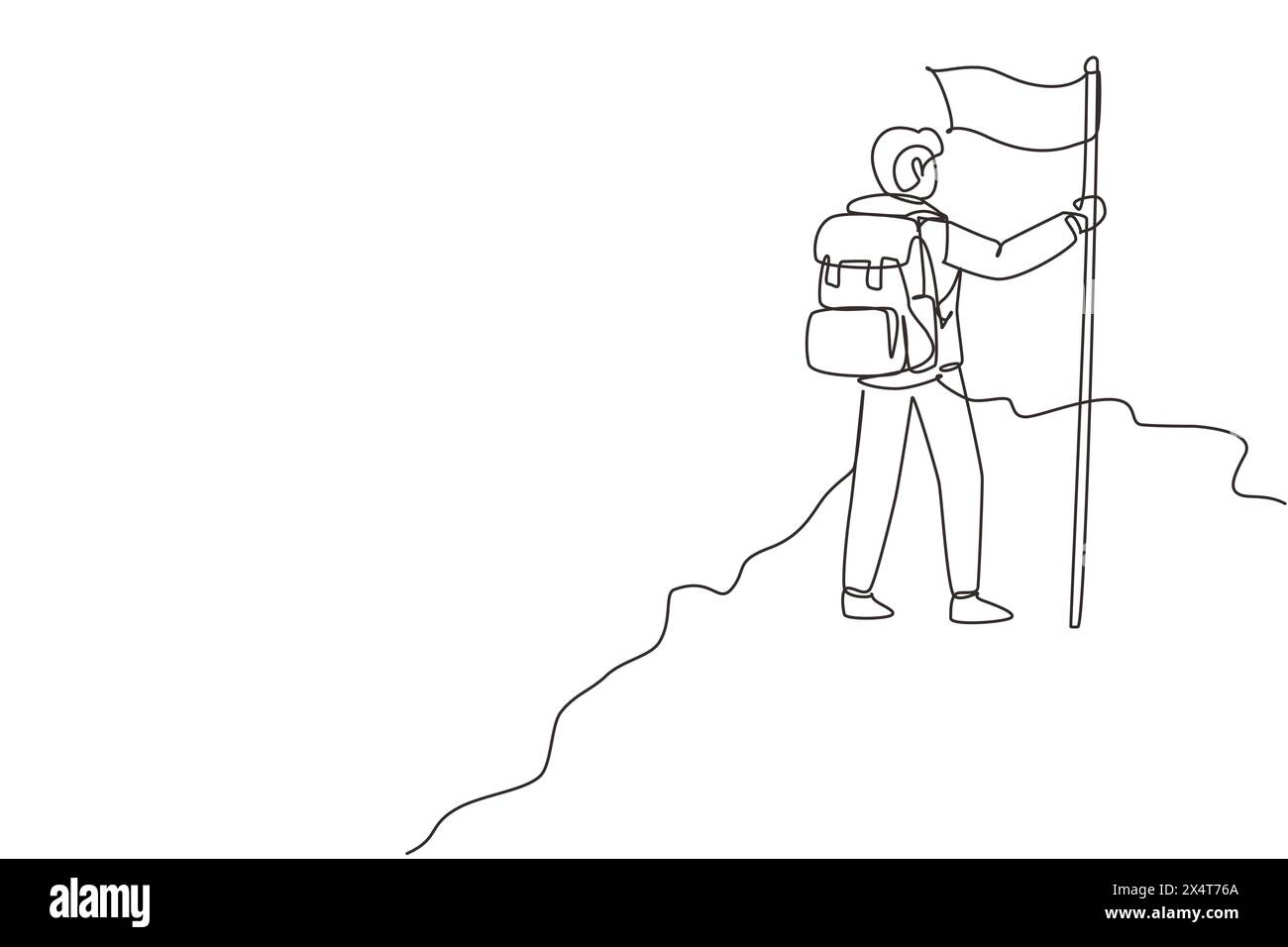 Single continuous line drawing cheerful man climber standing on the top ...