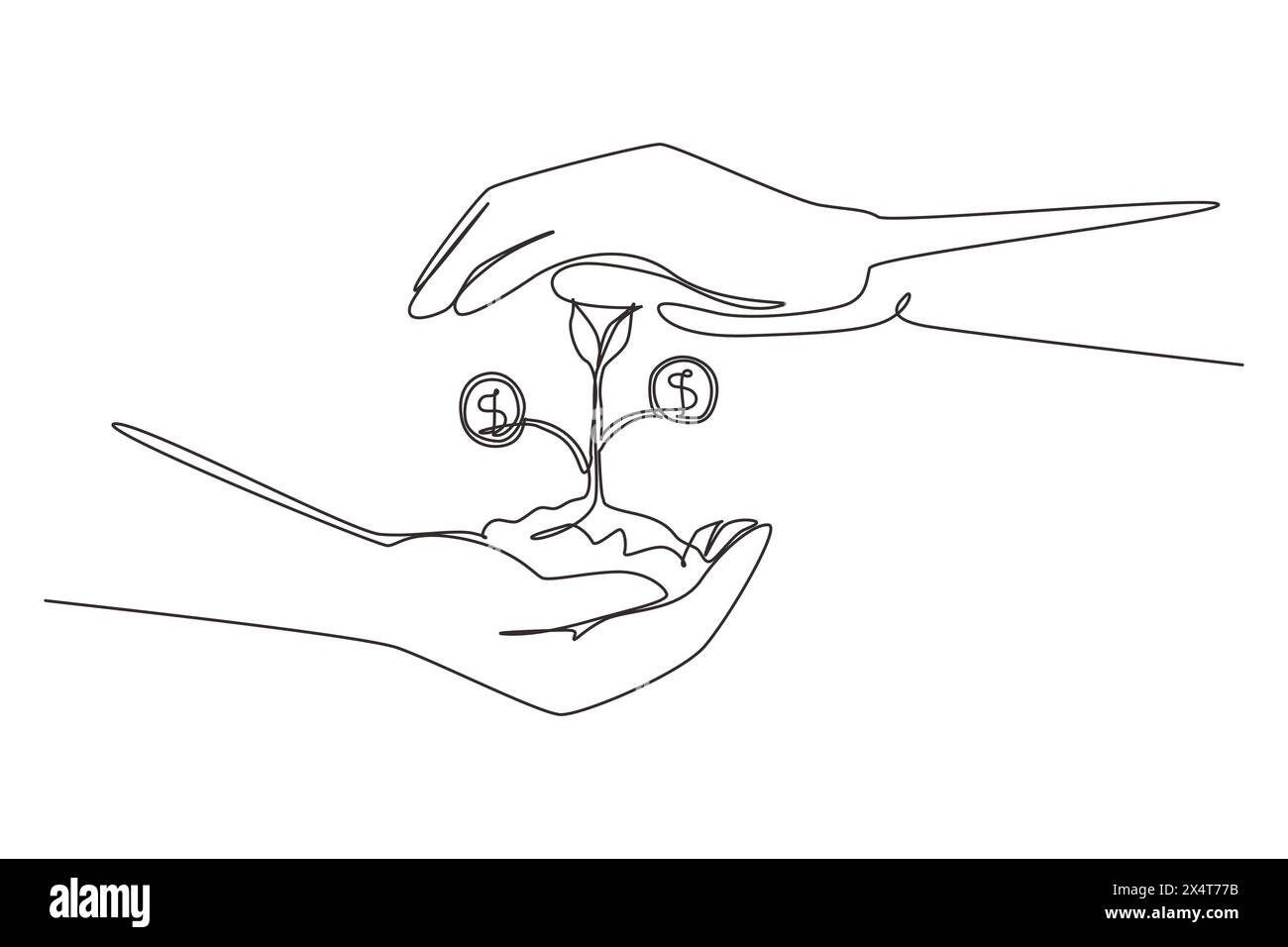 Single one line drawing hand holding money tree on nature field ...