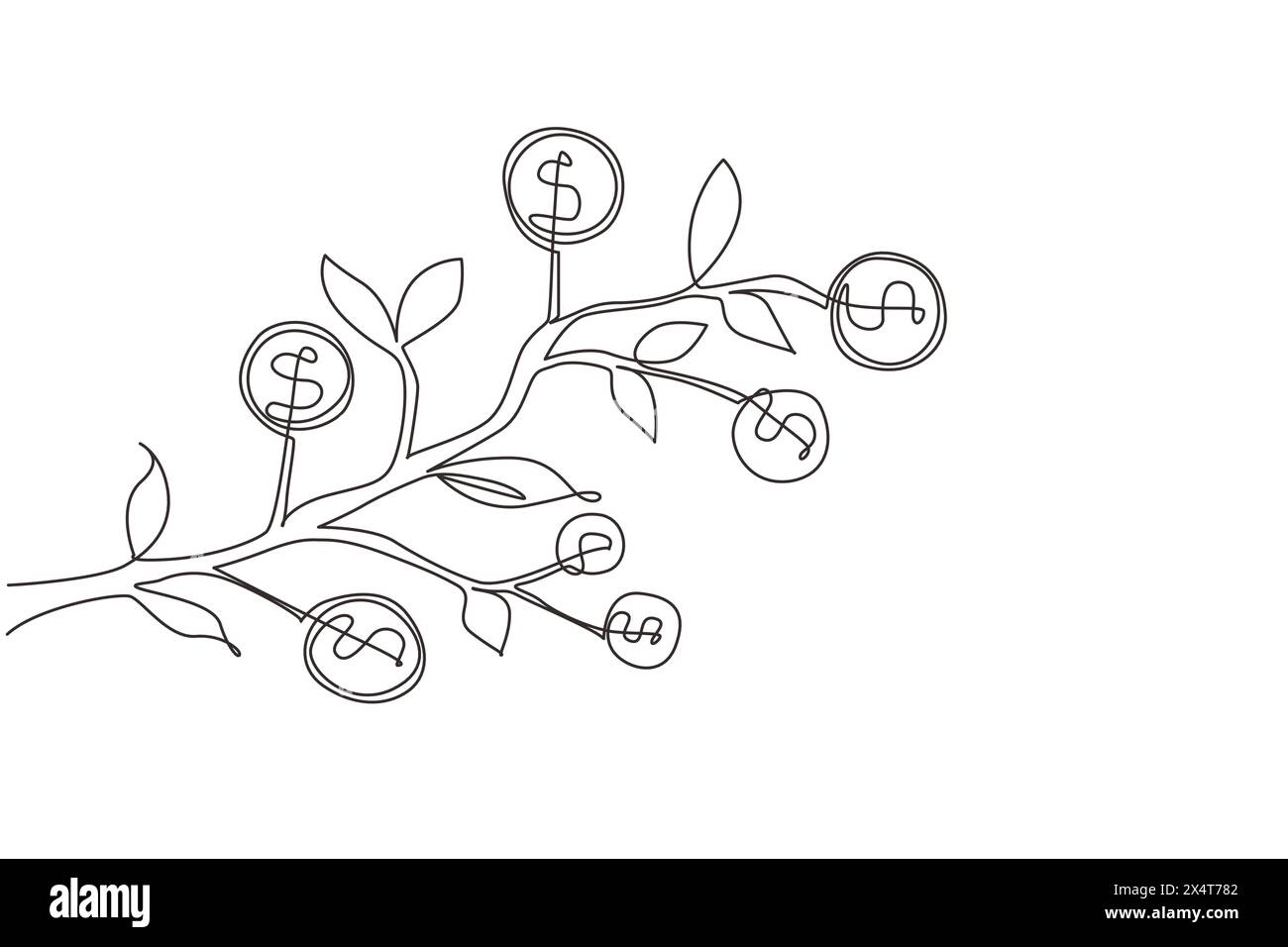 Continuous one line drawing dollar symbol hanging from tree branch ...