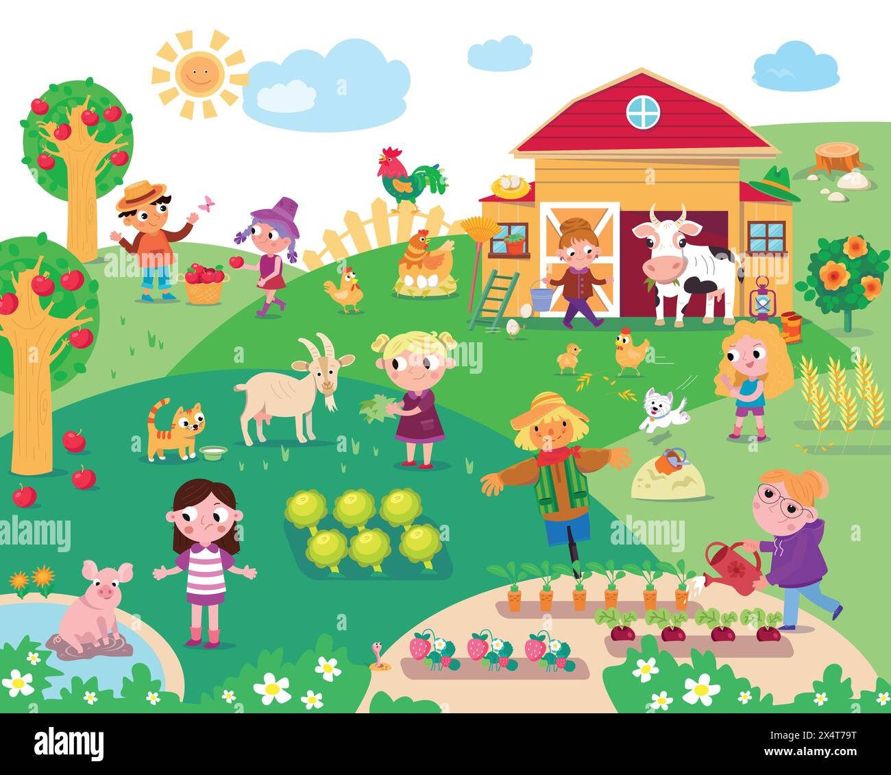 Cute farmers and animals on the farm. Cartoon funny characters. Vector ...