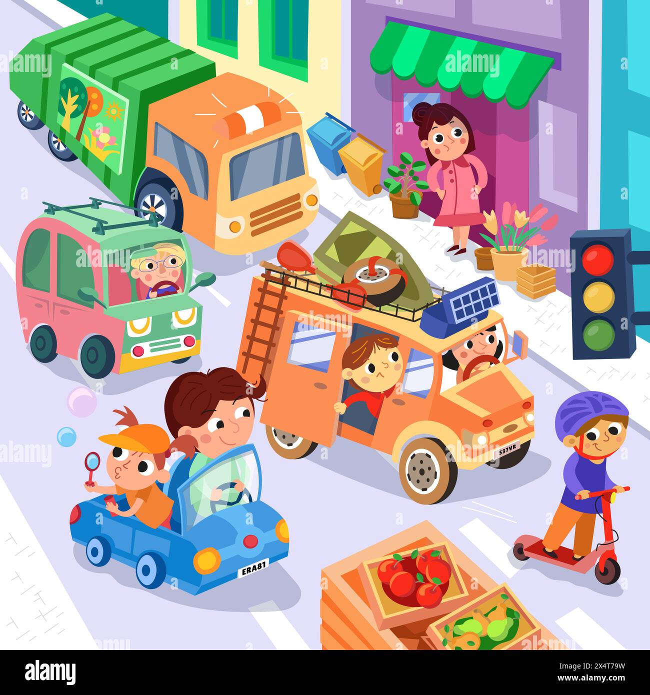 Cute cars and drivers in city. Cartoon funny characters, scene for ...