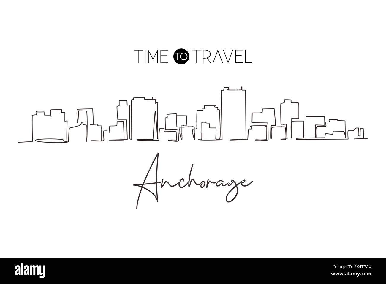 Continuous one line drawing Anchorage city skyline, Alaska. Historical ...