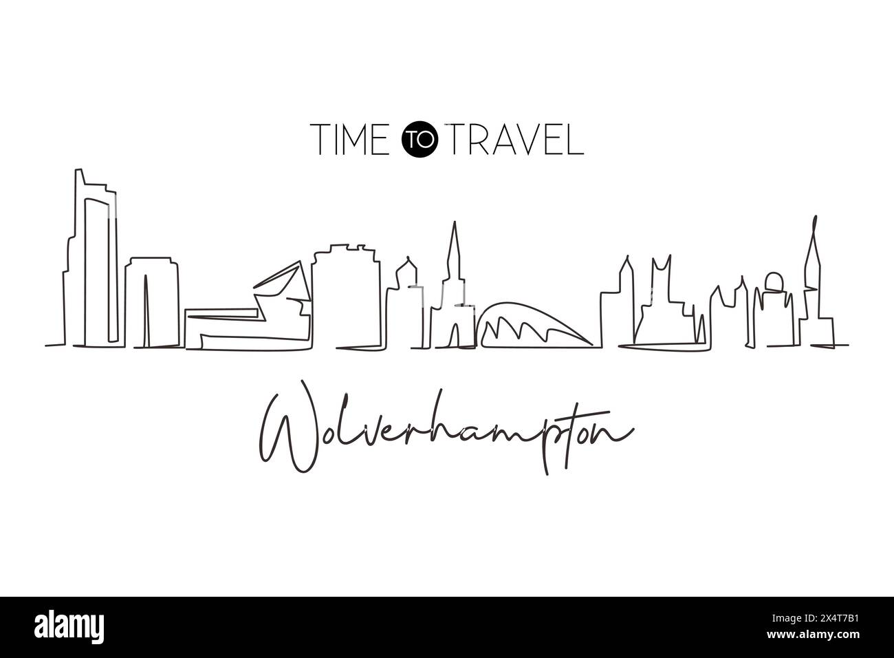 Single continuous line drawing Wolverhampton city skyline, England ...