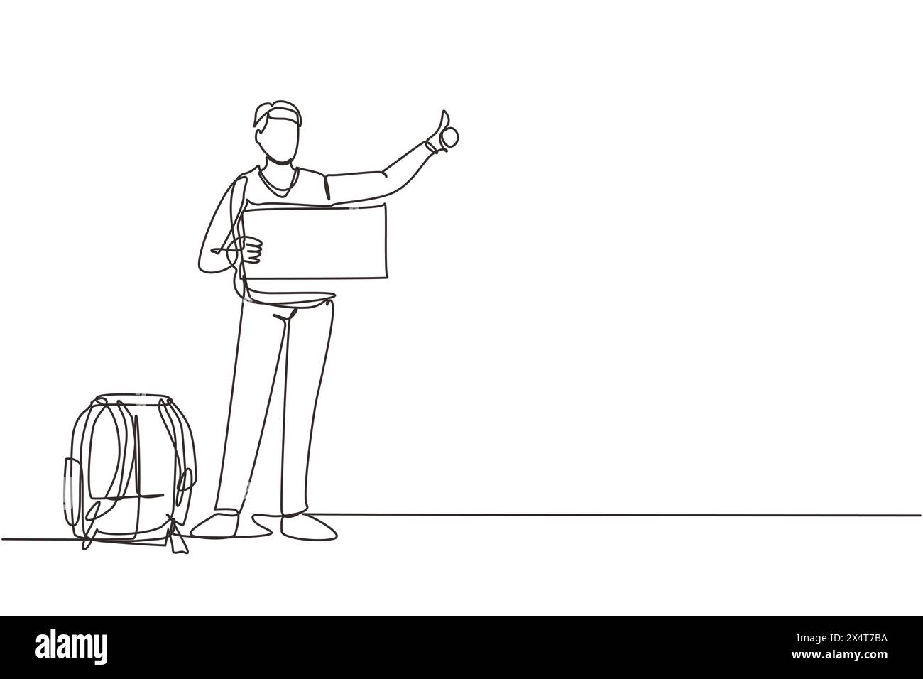 Single one line drawing hitchhiking man with luggage and thumbs up ...