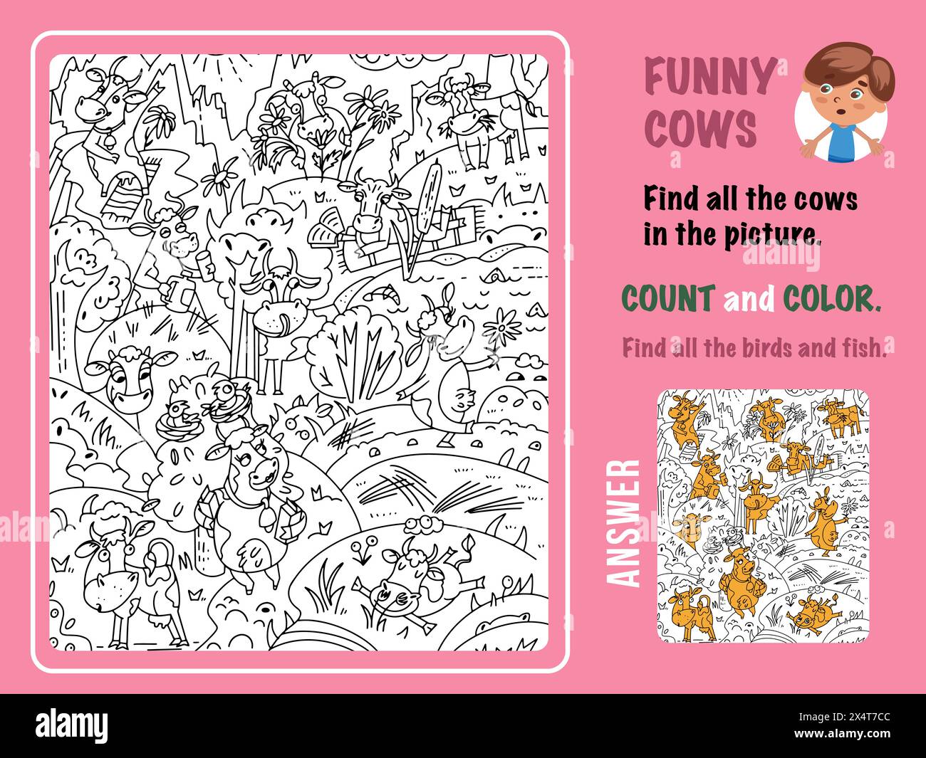 Find cows in the picture, count and color. Game for kids. Puzzle with ...