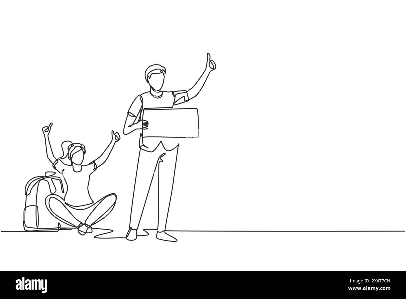 Continuous one line drawing hitchhiking men and women with luggage and ...