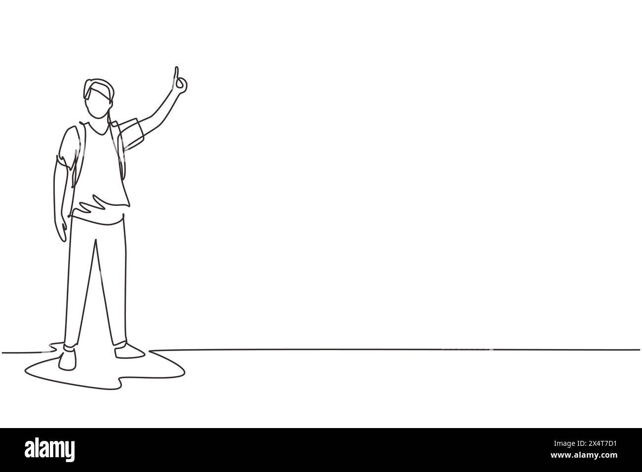 Continuous one line drawing man with a big backpack stopped a ride by ...