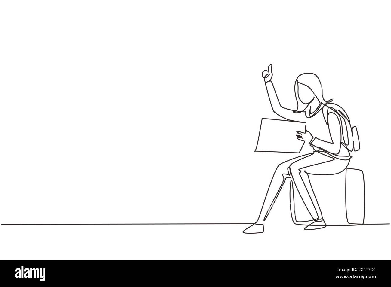 Single one line drawing woman with backpacks sitting near road and ...