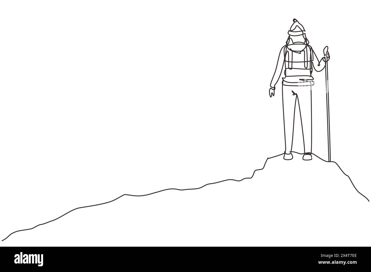 Single continuous line drawing woman with backpack standing on top of ...