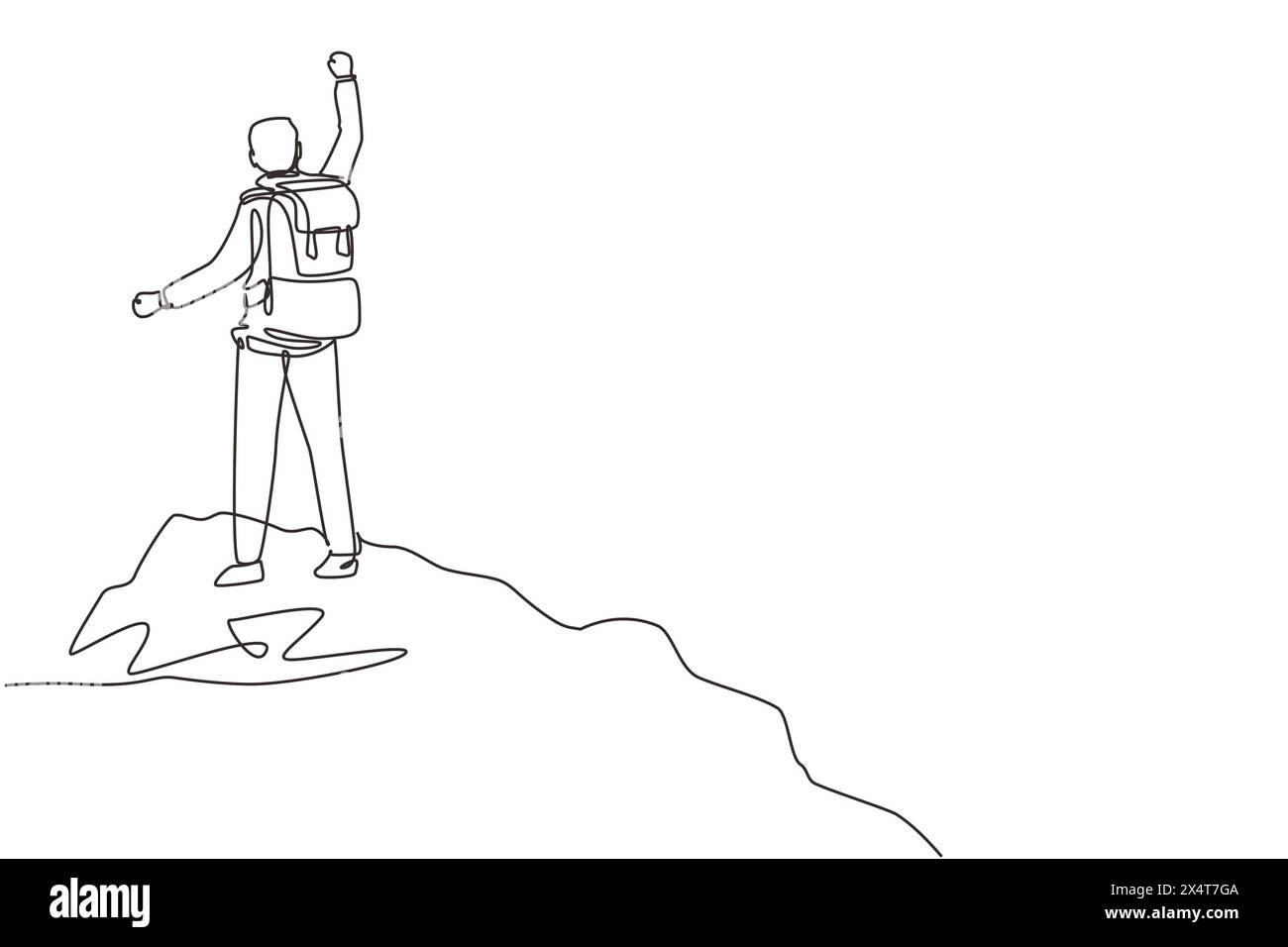 Single continuous line drawing cheerful man rising hands after climbing ...