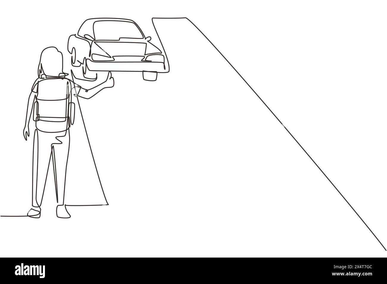Single one line drawing woman with backpack traveling by auto stop. Car ...