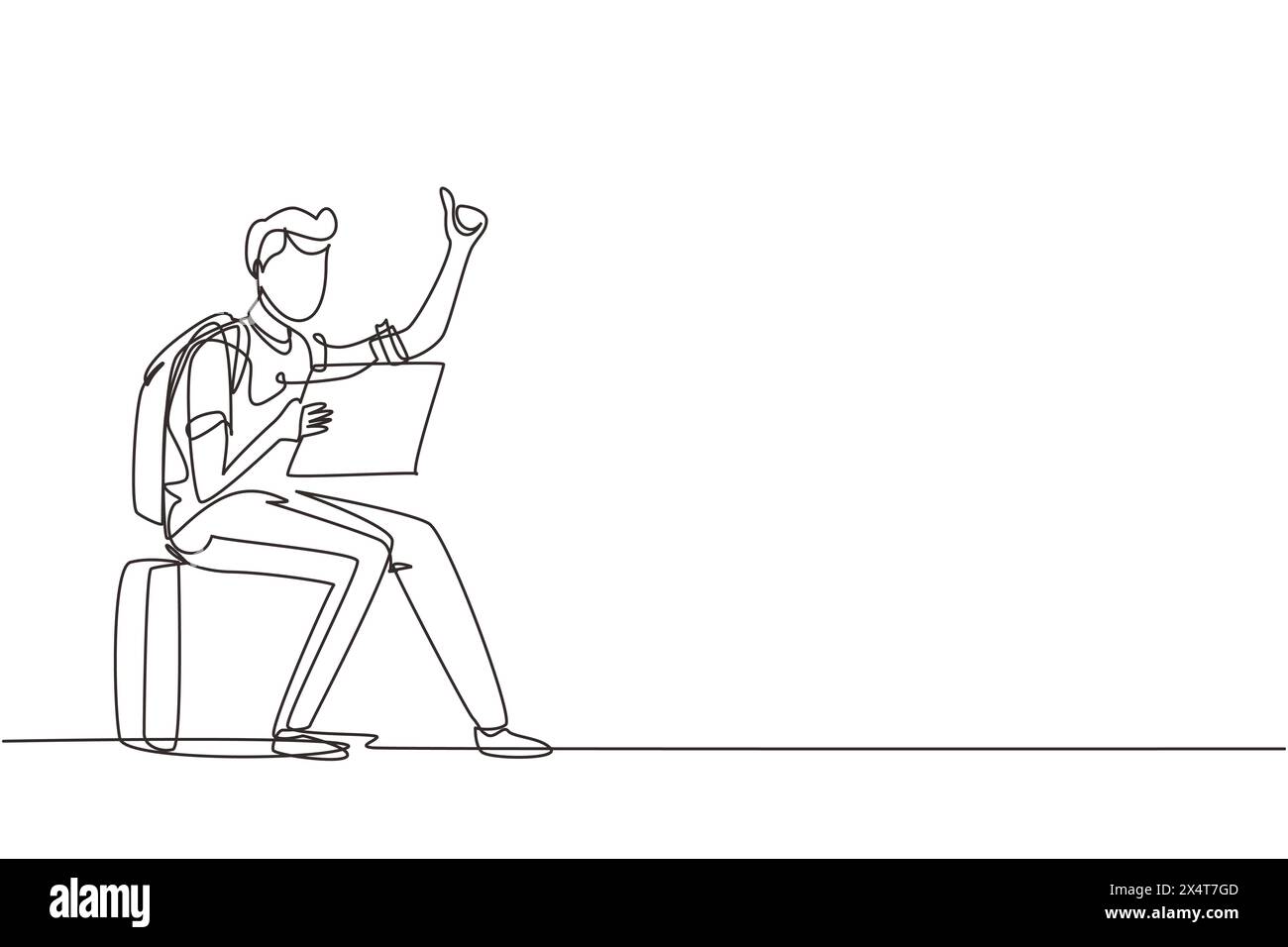 Single one line drawing man with backpacks sitting near road and ...