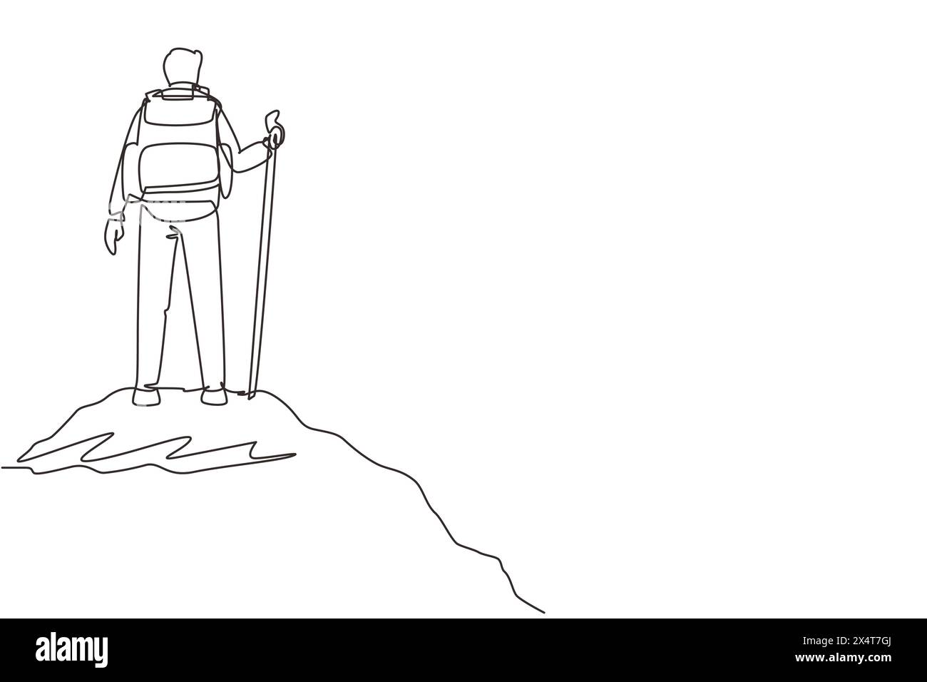 Continuous one line drawing hiker with backpack on top of mountain ...