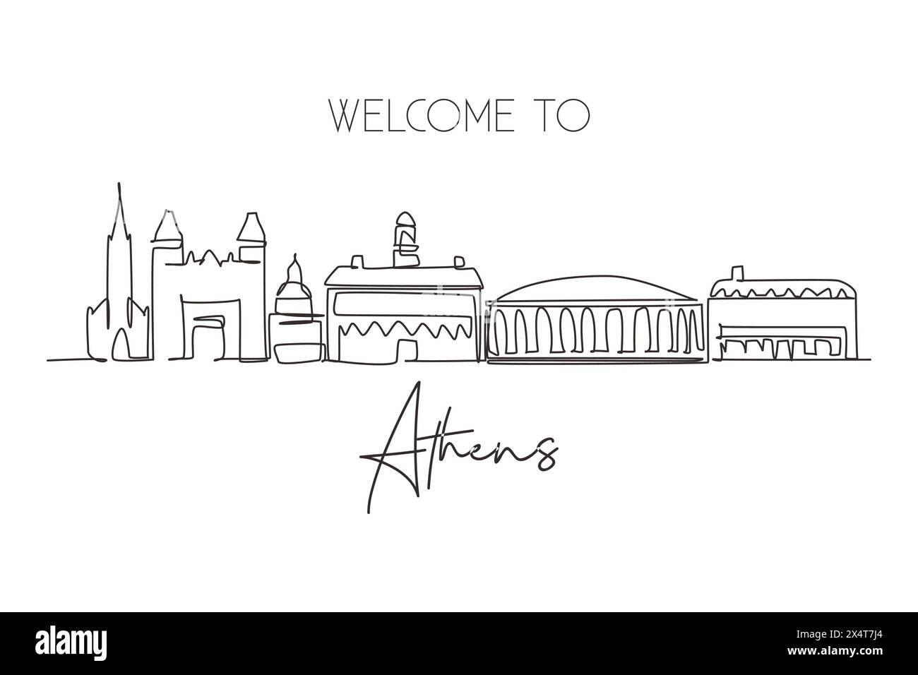 Single continuous line drawing Athens city skyline, Ohio. Famous city ...