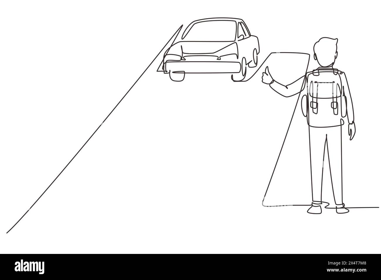 Single continuous line drawing hitchhiking road travel. Man with big ...