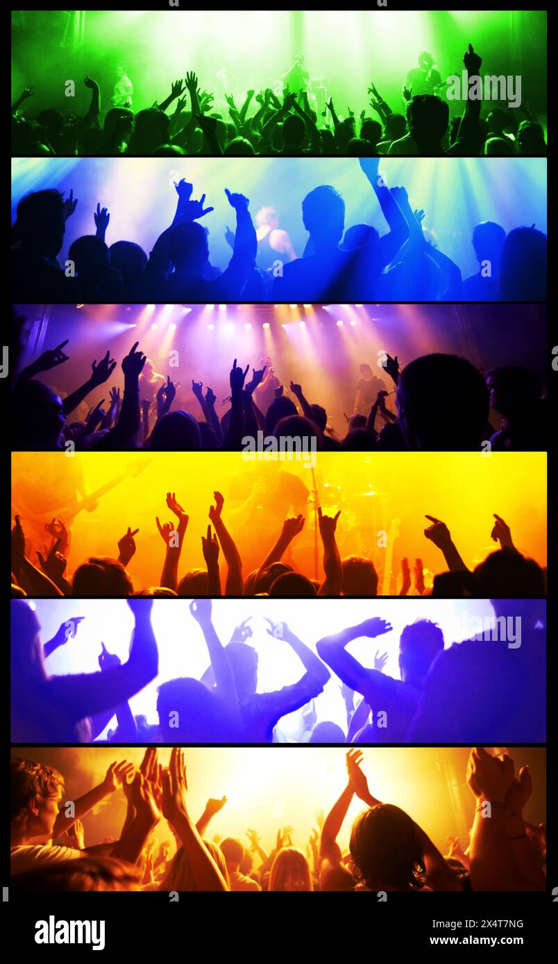 Collage, neon lights and crowd with silhouette for concert, disco ...
