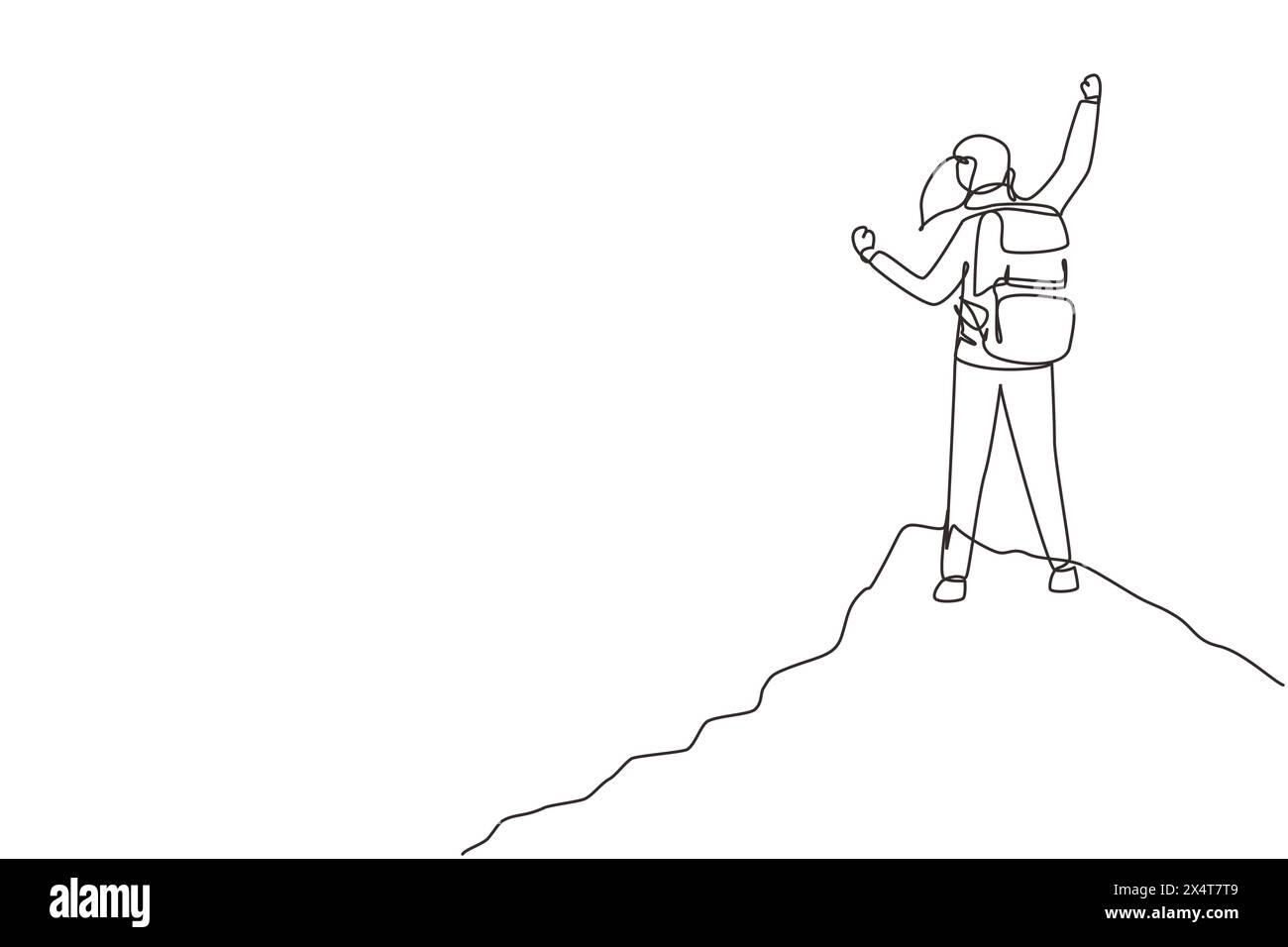 Single one line drawing cheerful woman rising hands after climbing a ...